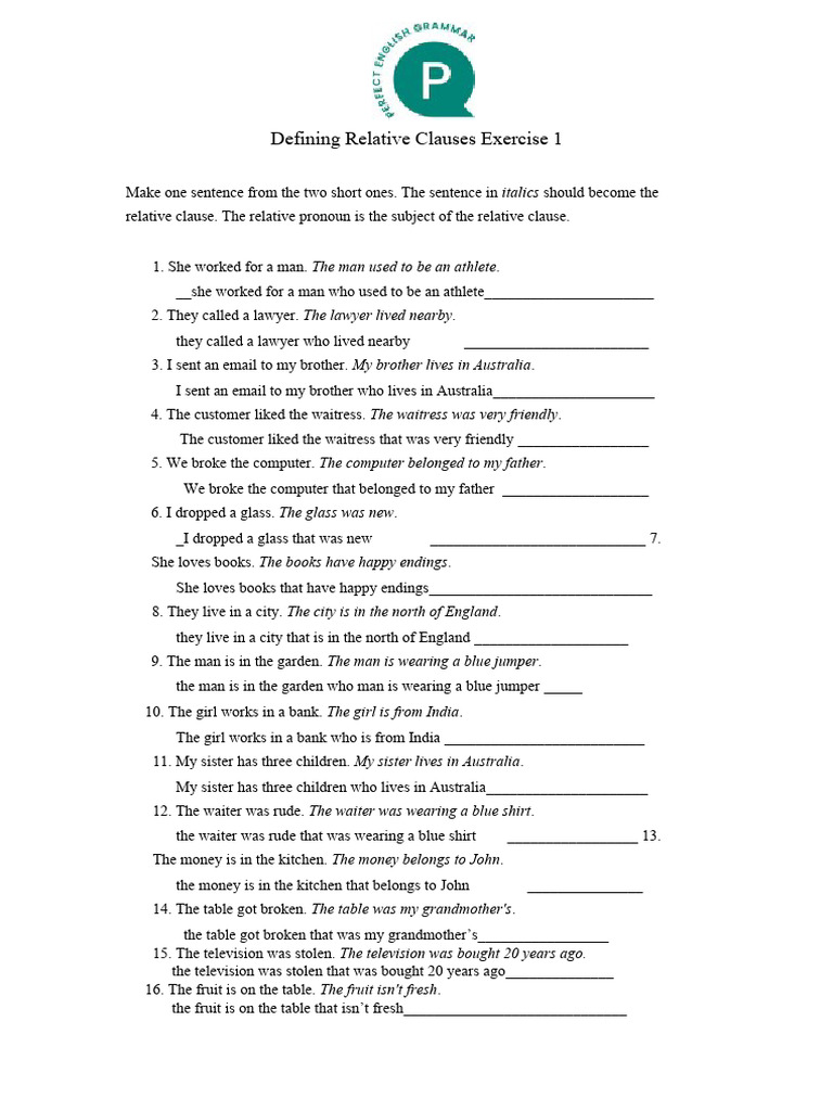 Relative Clause Sentence Exercises | PDF | Waiting Staff | Languages