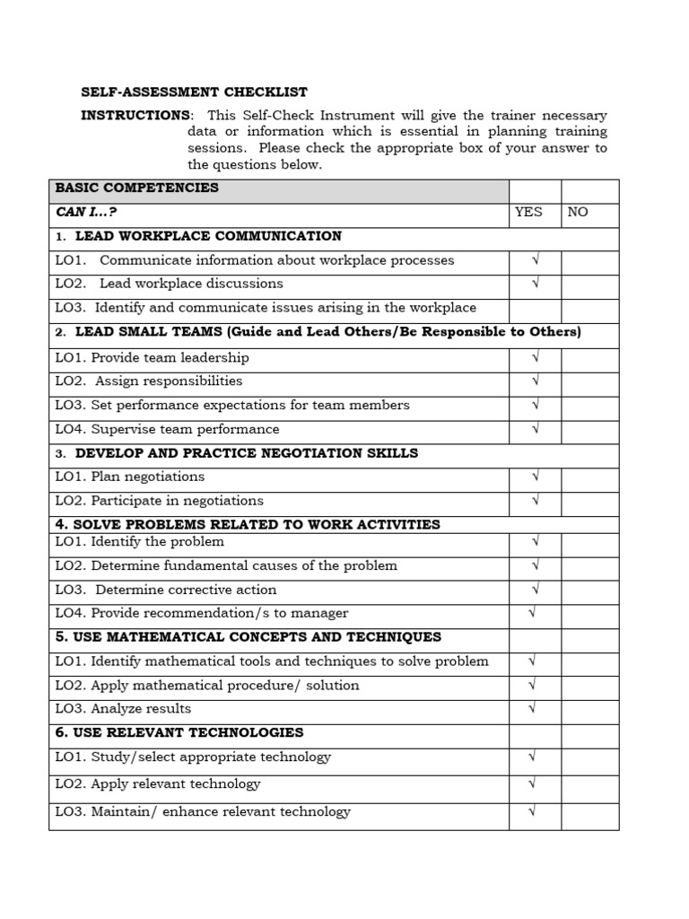 1.1 Template Form - Self Assessment Checklist | PDF | Information ...
