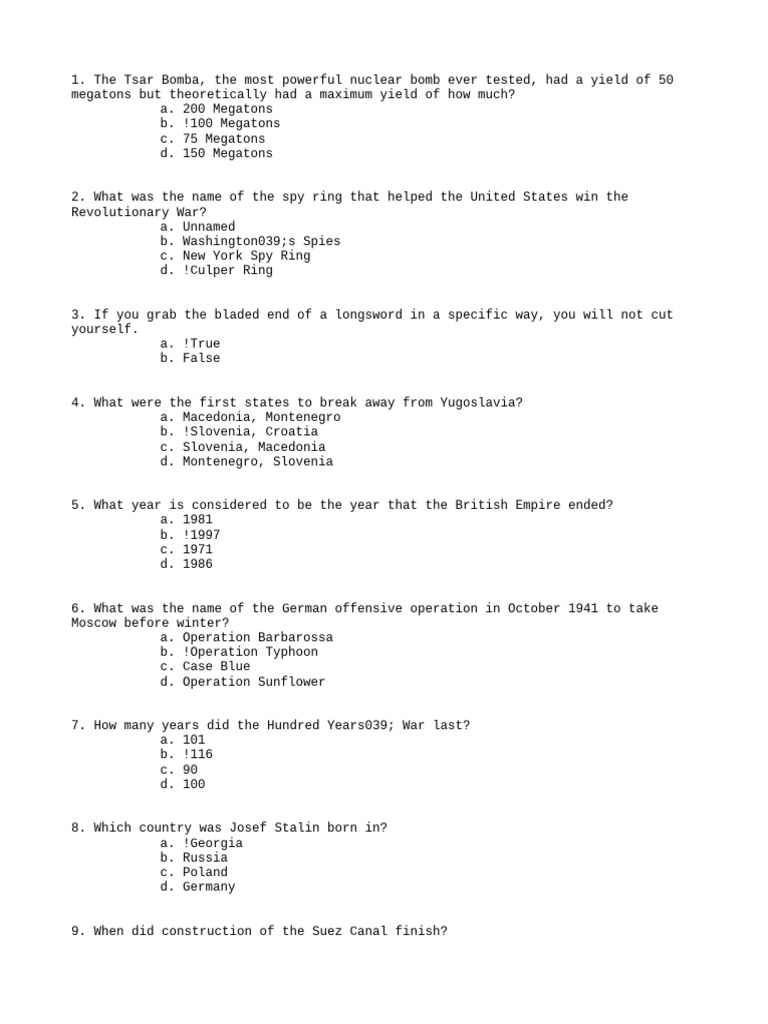 Quiz on Historical and Cultural Facts | PDF
