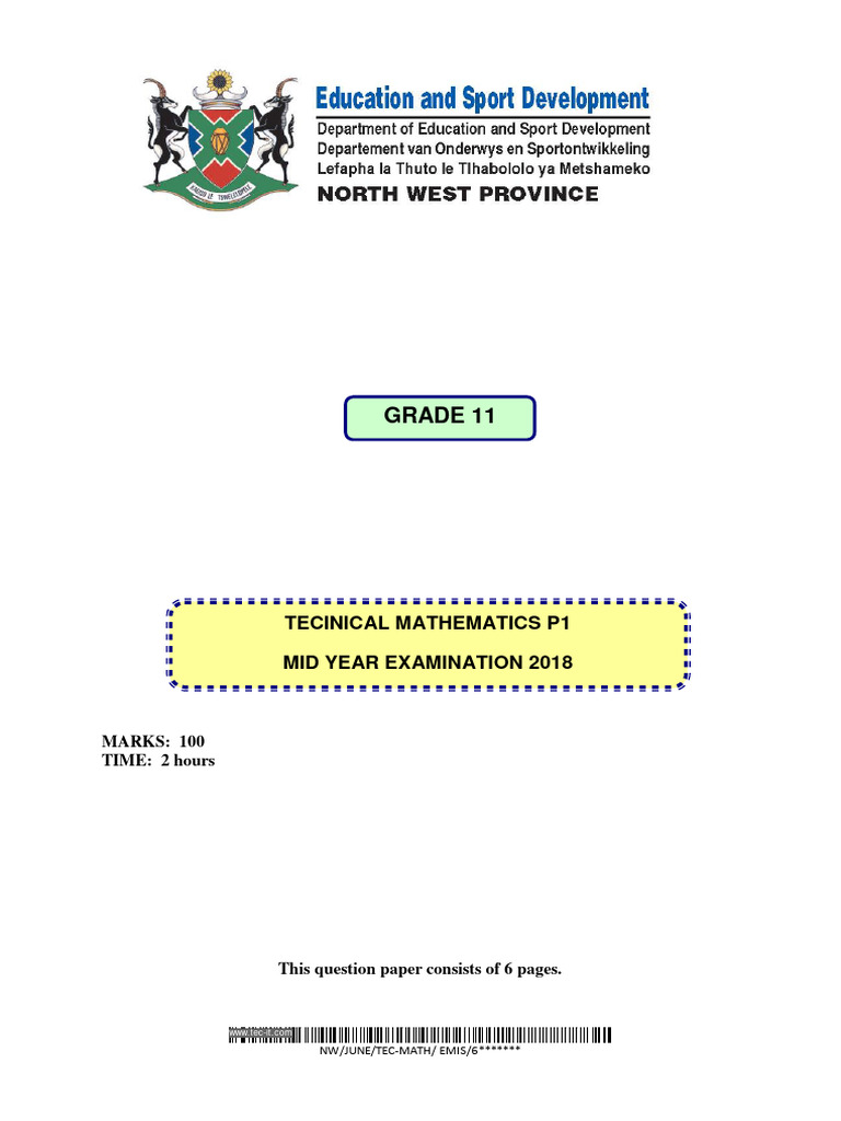 Technical Mathematics GR 11 Paper 1 | PDF | Asymptote | Mathematics
