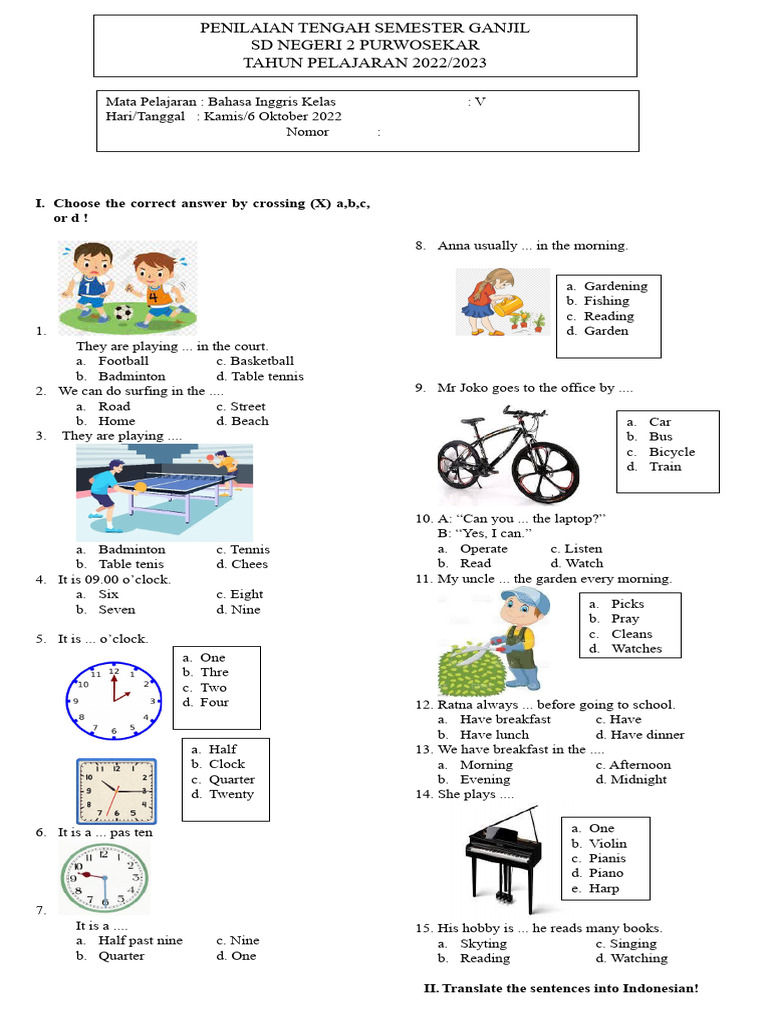 SOAL PTS B INGGRIS KLS 5 2022 | PDF