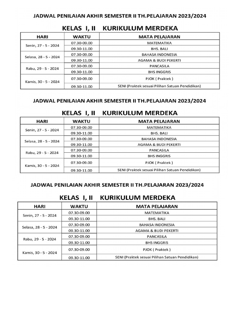 Jadwal Ulangan Umum Kelas 1 Dan 2 SMT 2 | PDF