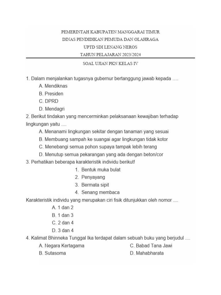Soal Ujian PKN KLS 4 | PDF