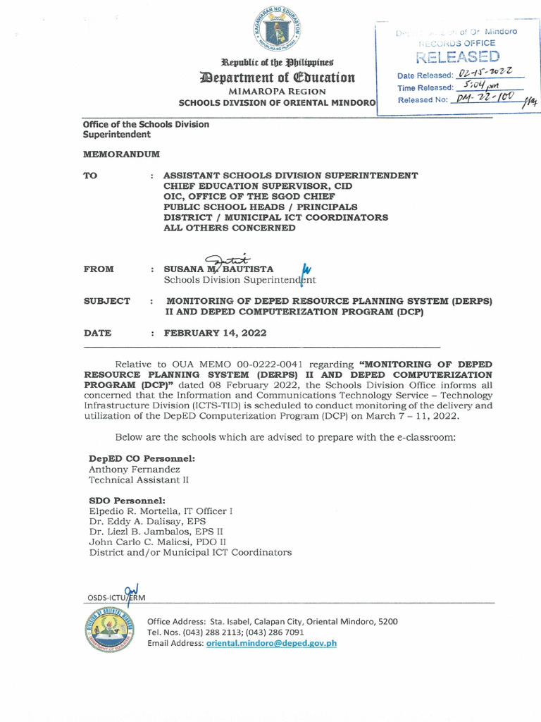 Monitoring of DepEd Resource Planning System DERPS II and DepEd ...