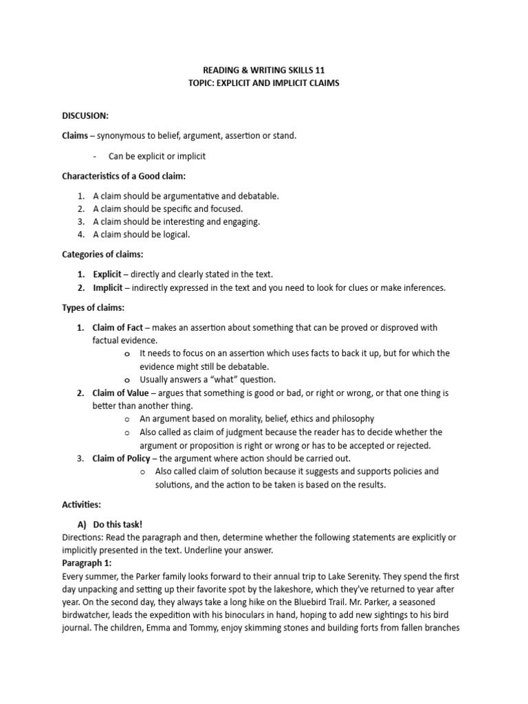 Explicit & Implicit Claims | PDF | Argument | Evidence