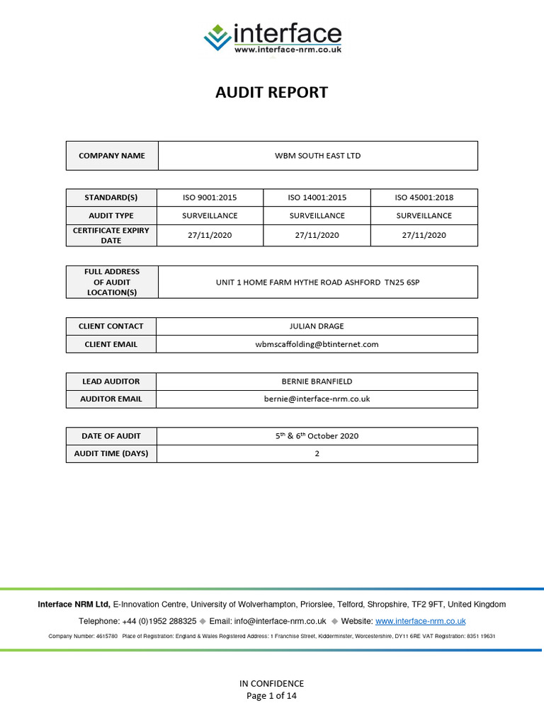 Audit Report for WBM South East Ltd | PDF | Audit | Iso 9000