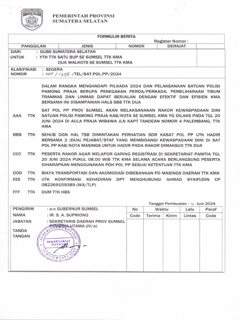 Telex Dan Rundown Rakor Wasdin 2024 | PDF