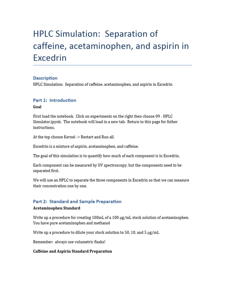 HPLC Simulation - Separation of Caffeine, Acetaminophen, and Aspirin in Excedrin | PDF ...