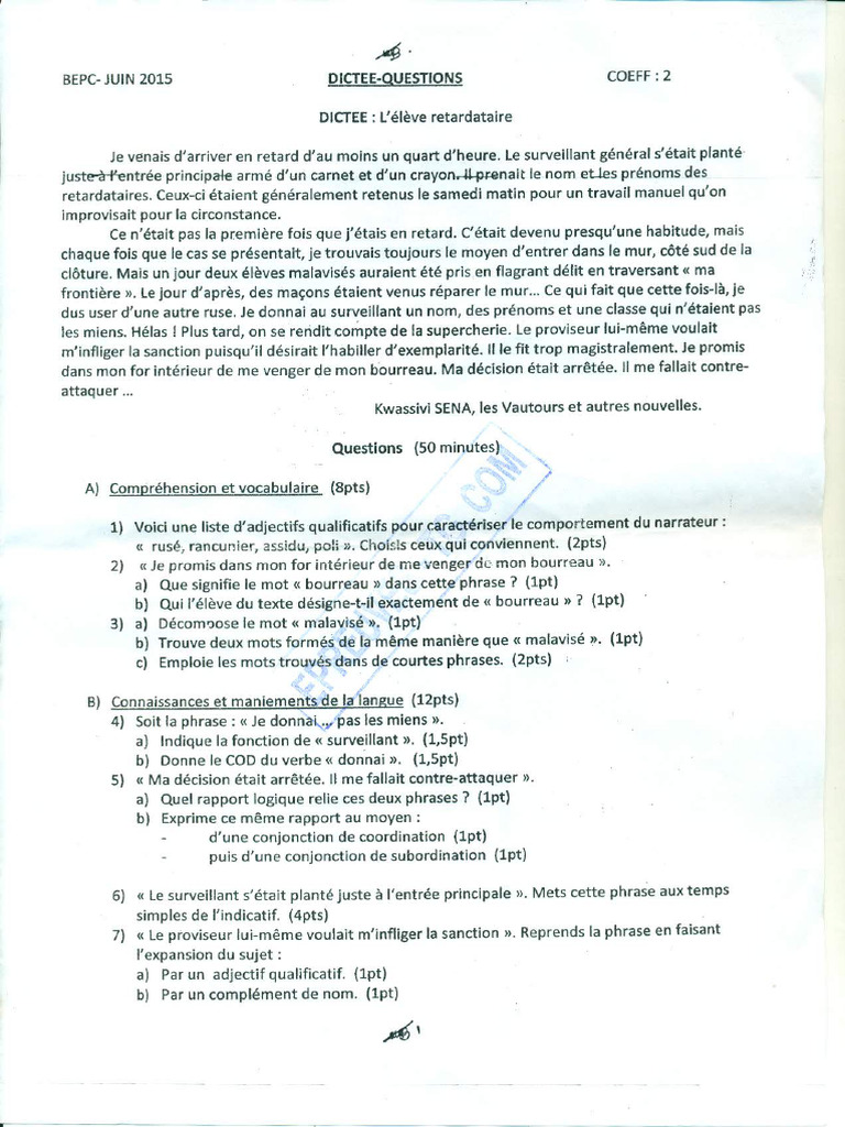 Bepc. Dictee Questions. 2015 | PDF