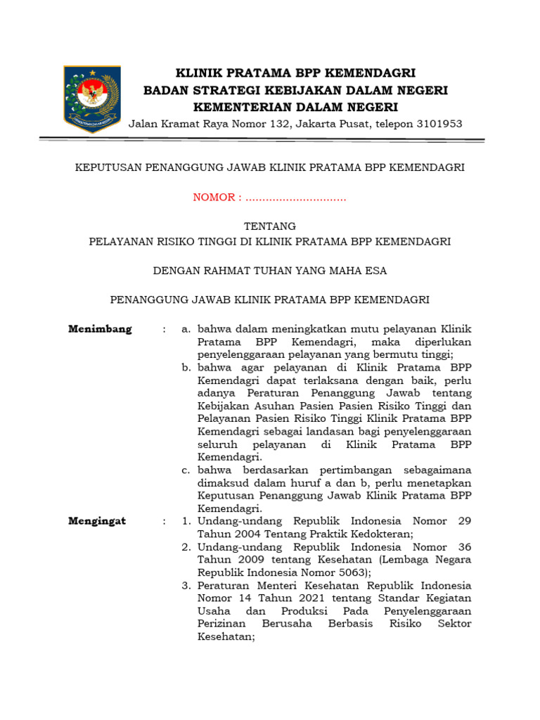 SK Pelayanan Risiko Tinggi Di Klinik BPP | PDF