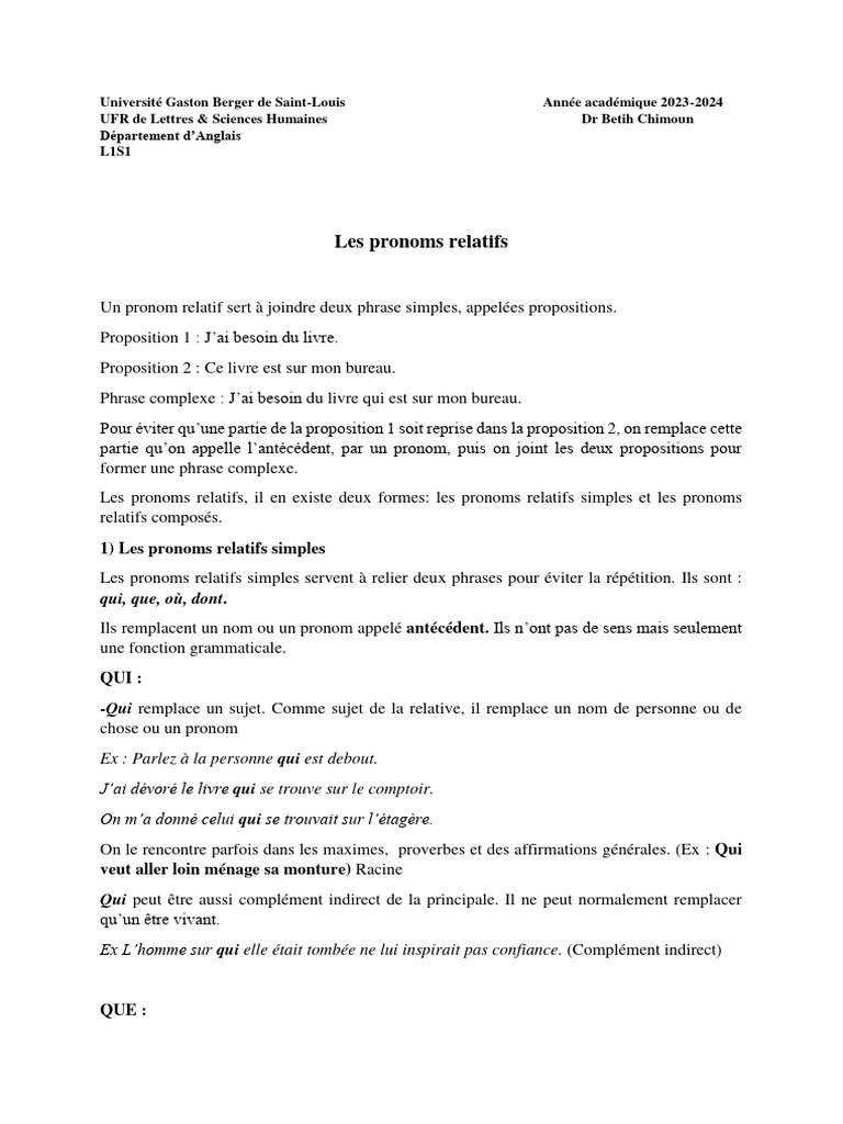 Les Pronoms Relatifs 2 | PDF | Pronom | Complément d'objet