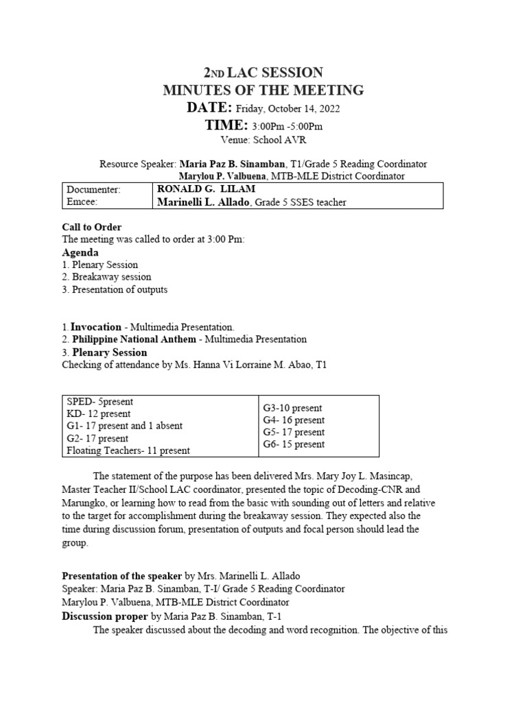 2ND LAC SESSIOn Minutes | PDF | Reading Comprehension | Cognitive Science