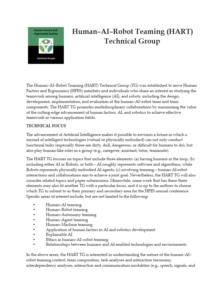 Human-AI-Robot Teaming (HART) Technical Group | PDF | Intelligence (AI ...
