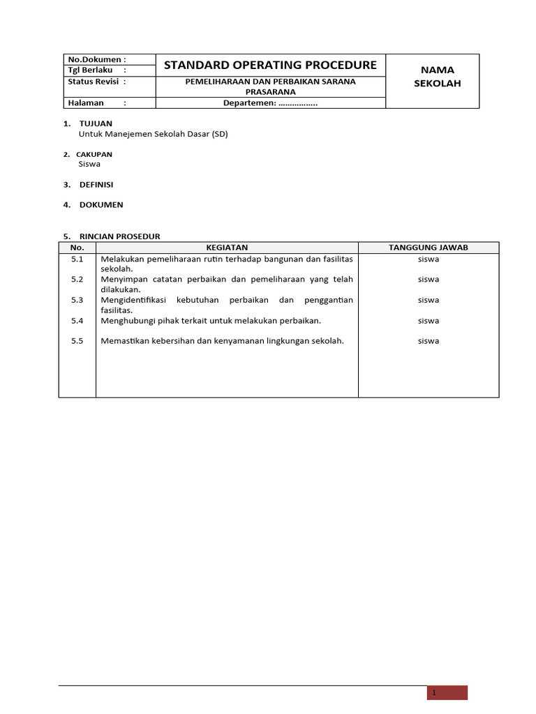 Sop Pemeliharaan Dan Perbaikan Sarana Prasarana | PDF