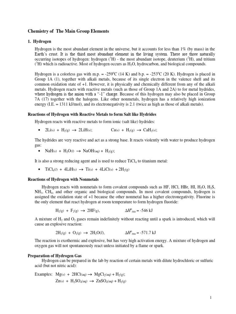 Chemistry of Main Group Elements | PDF | Hydrogen | Chemical Compounds