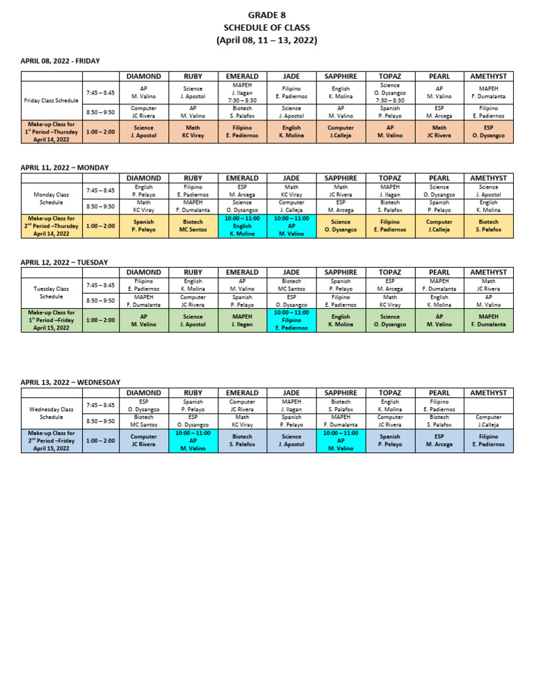 Grade 8 Schedule of Classes For HolyWeek | PDF | Jewellery Components | Gemstone