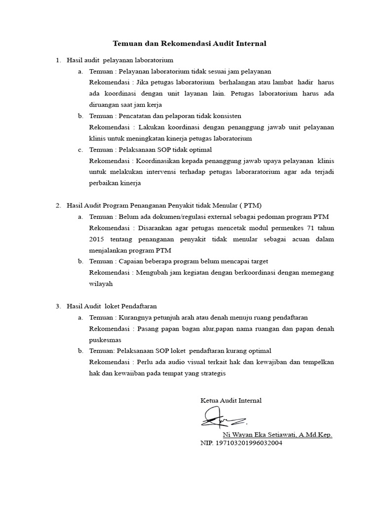 Temuan Dan Rekomendasi Audit Internal | PDF
