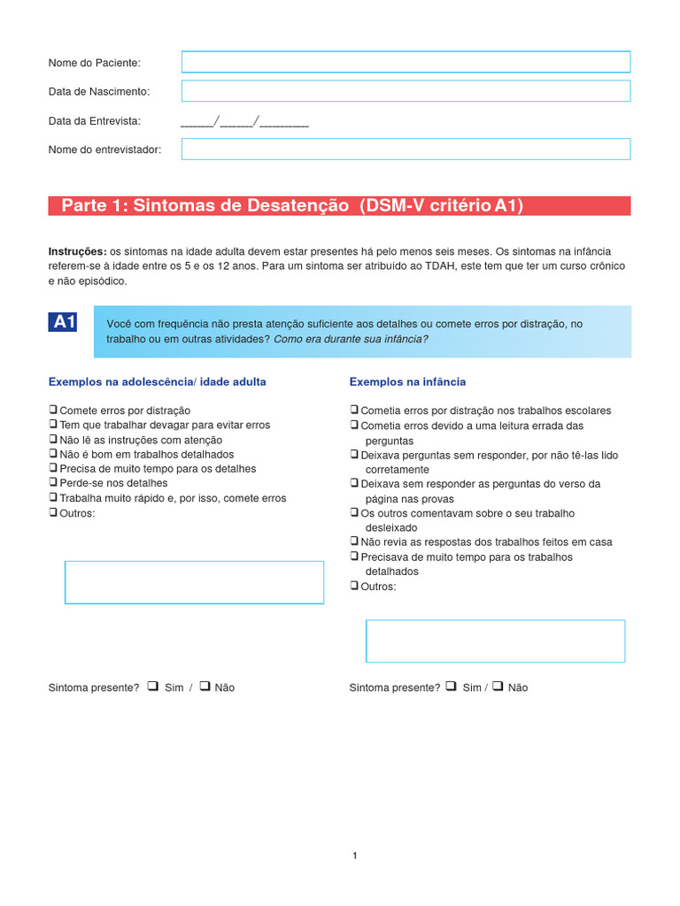 Entrevista DIVA - DSM 5 | PDF | Transtorno de déficit de atenção e ...