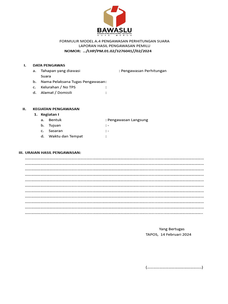 Formulir Model A.4 Pengawasan Perhitungan Suara | PDF
