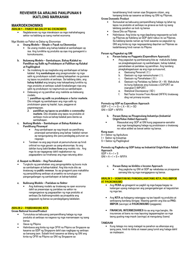 REVIEWER SA ARALING PANLIPUNAN 9 3rd Quarter | PDF