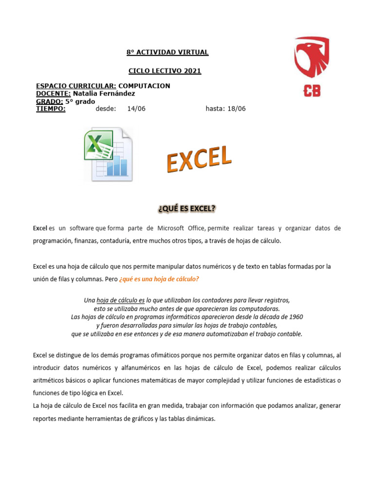 8- ACTIVIDAD 5° GRADO - COMPUTACION | PDF | Hoja de cálculo | Microsoft Excel