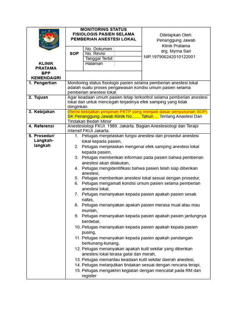 SOP Monitoring Status Fisiologis Pasien Selama Pemberian Anastesi Lokal ...
