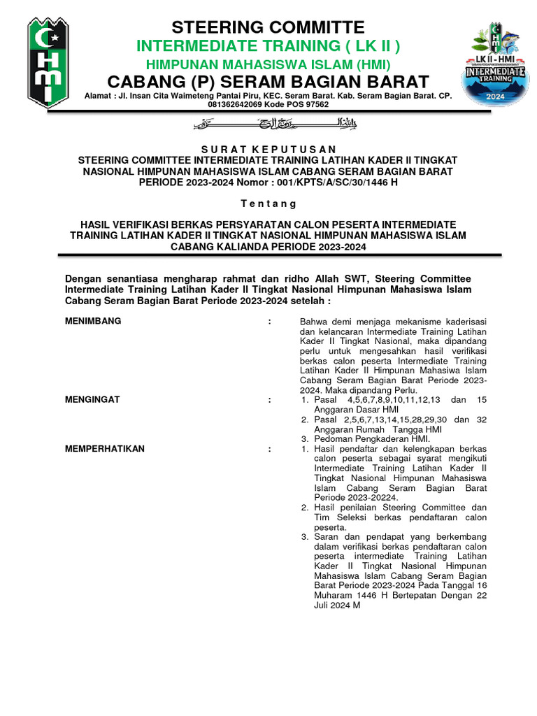 Surat Keputuasan Kelulusan HMI SBB | PDF