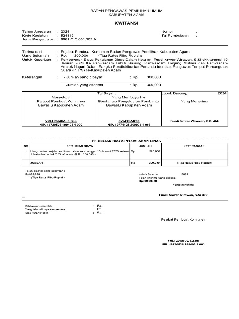 Kuitansi Perjadin 10 Januari 2024 | PDF