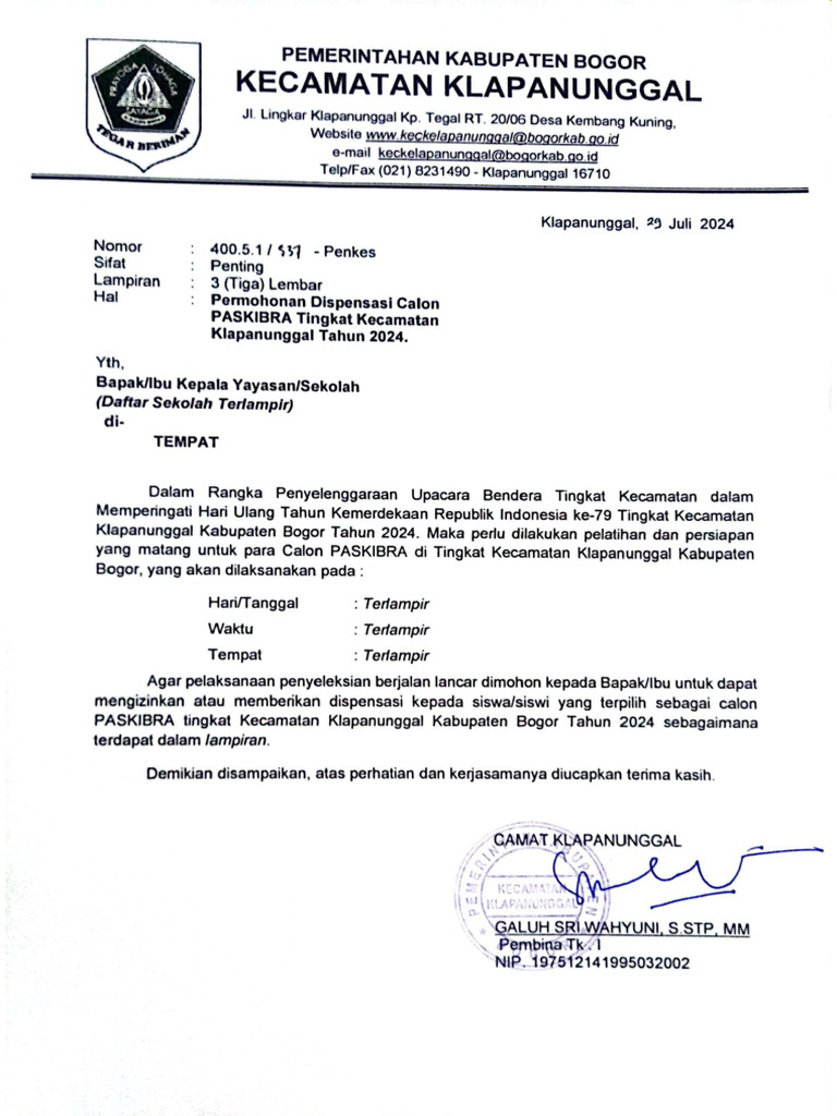 Surat Dispensasi Capas TK Kecamatan HUT RI 79 | PDF