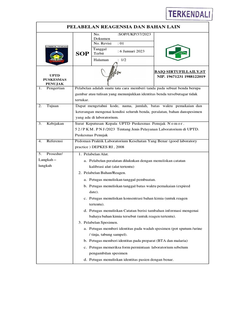 SOP Pelabelan Reagensia & Bahan | PDF
