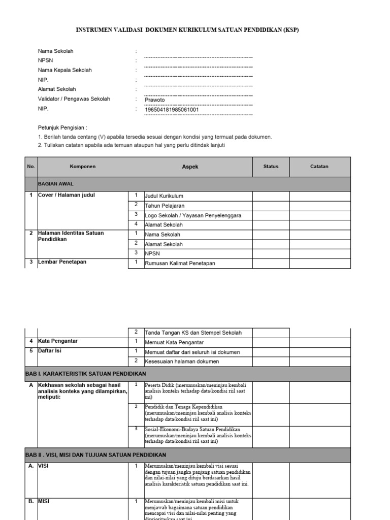 Instrumen Validasi Dokumen KSP - Revisi | PDF