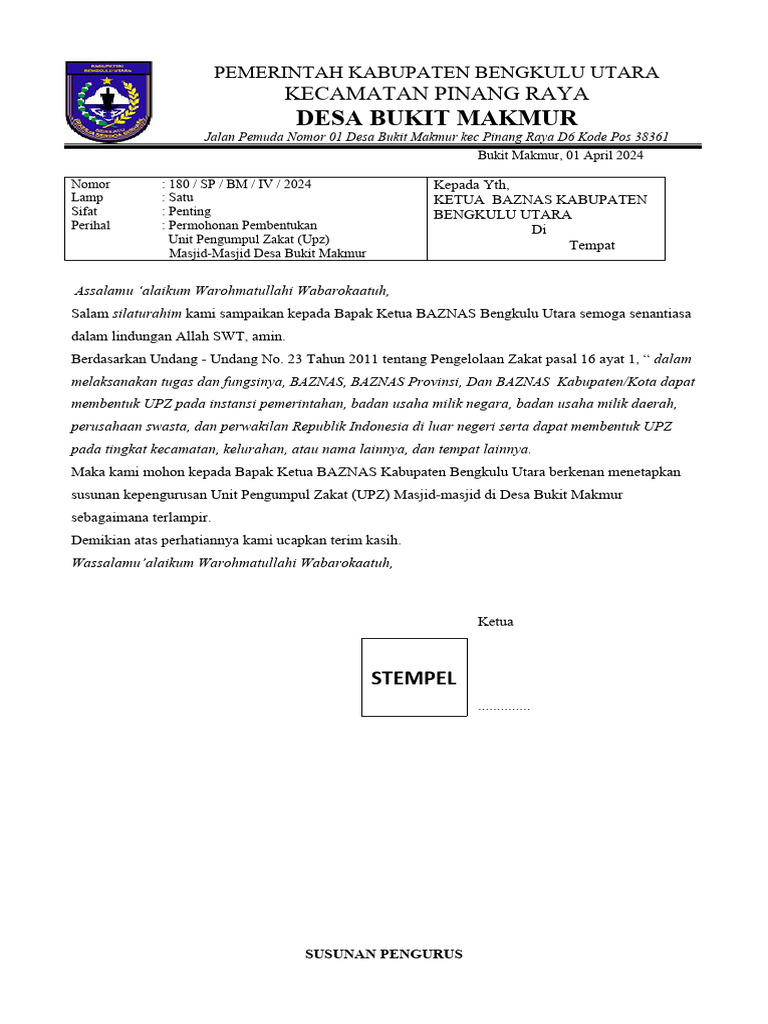 Contoh Pengajuan SK Upz 1 | PDF