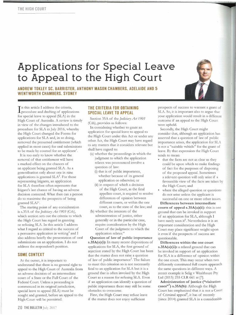 Applications For Special Leave To Appeal To The High Court, Bulletin ...
