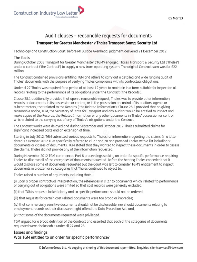 Audit Clauses - Reasonable Requests For Documents | PDF