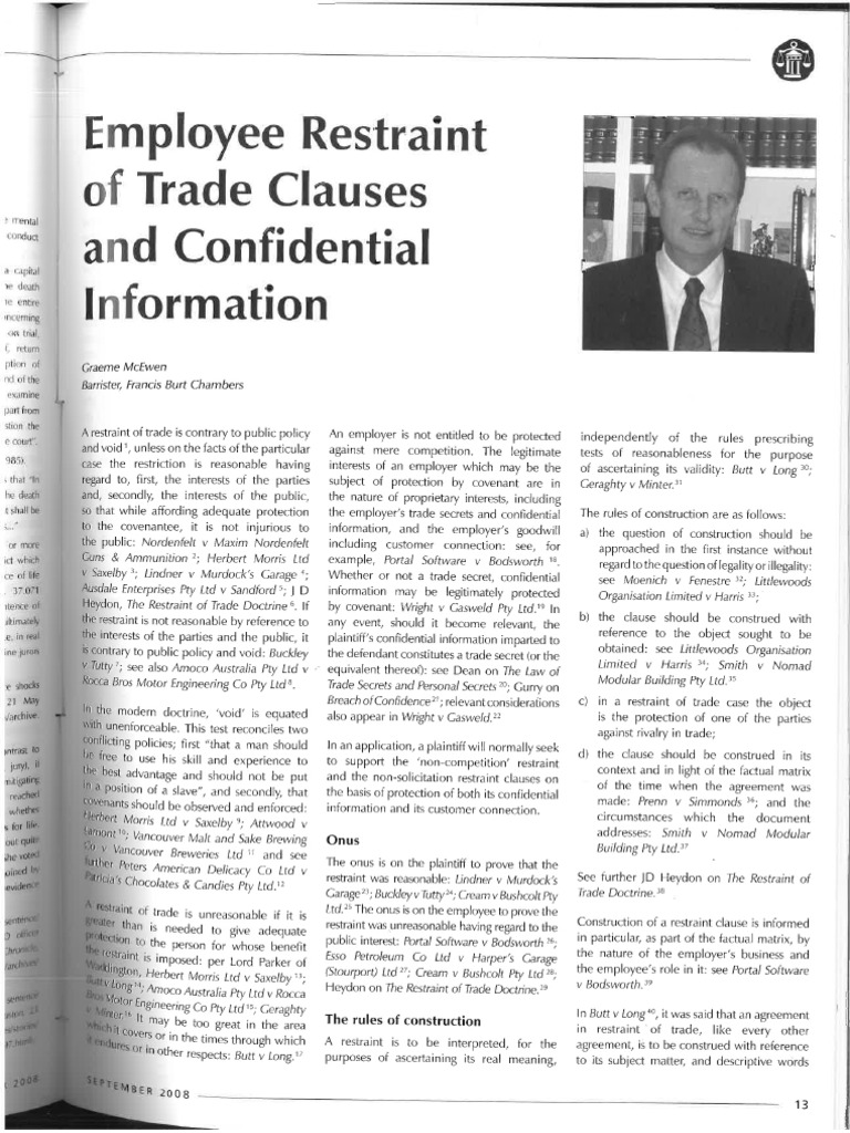 Employee Restraint of Trade Clauses and Confidential Information (2008 ...