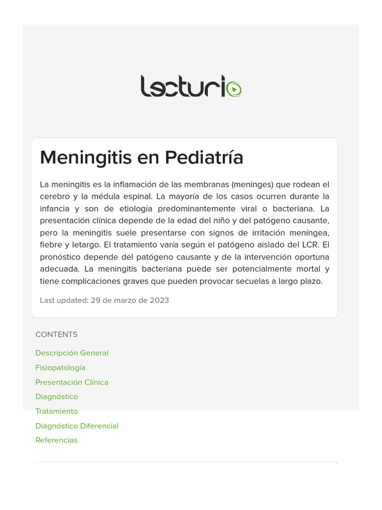 Meningitis en Pediatría - Lecturio PDF | PDF | Meningitis | Medicina CLINICA