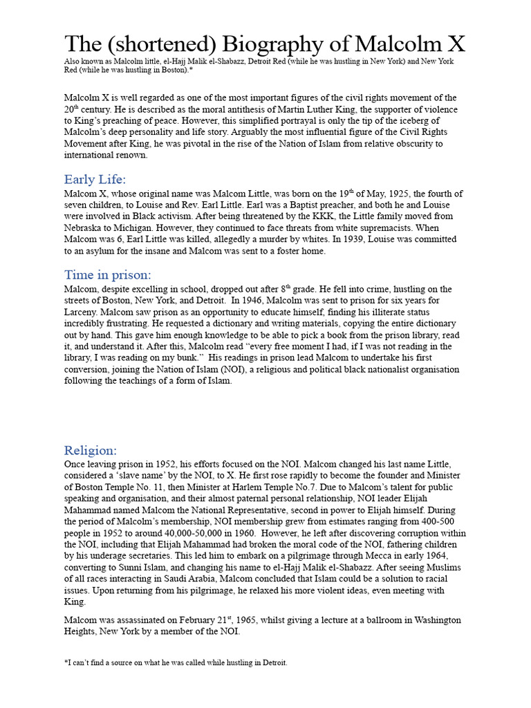 Malcolm X Biography Short | PDF | Malcolm X | Identity Politics