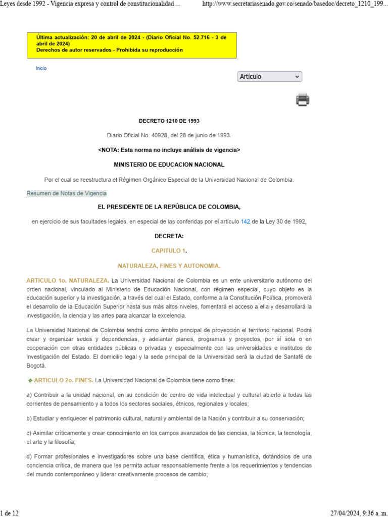 Decreto 1210 de 1993 - Universidad Nacional | PDF | Universidad | Colombia