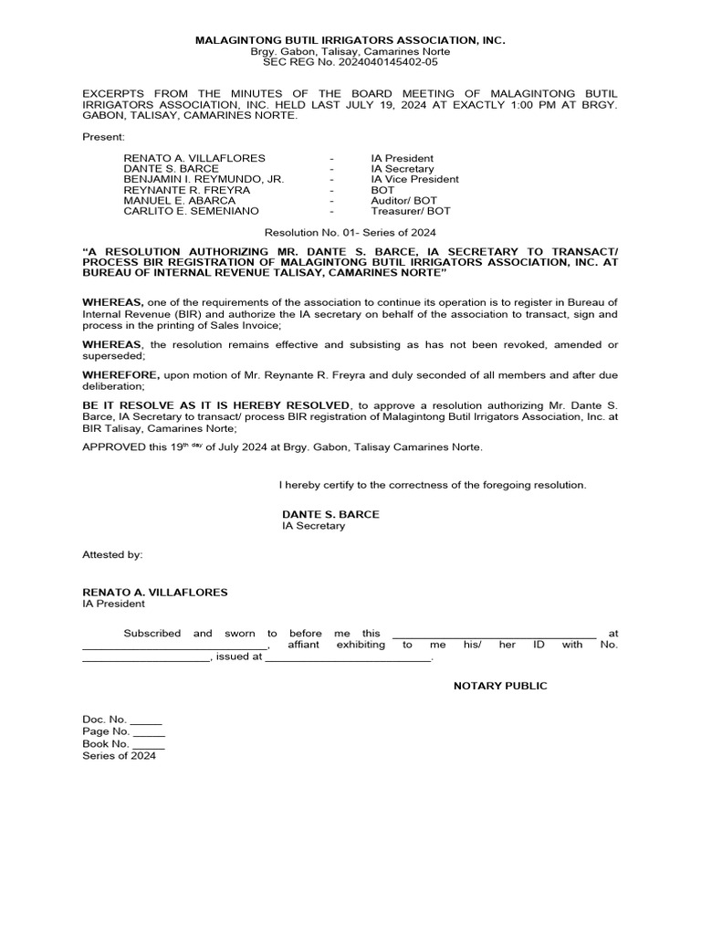 Bir Board Resolution Opening of Bank Account 2024 | PDF