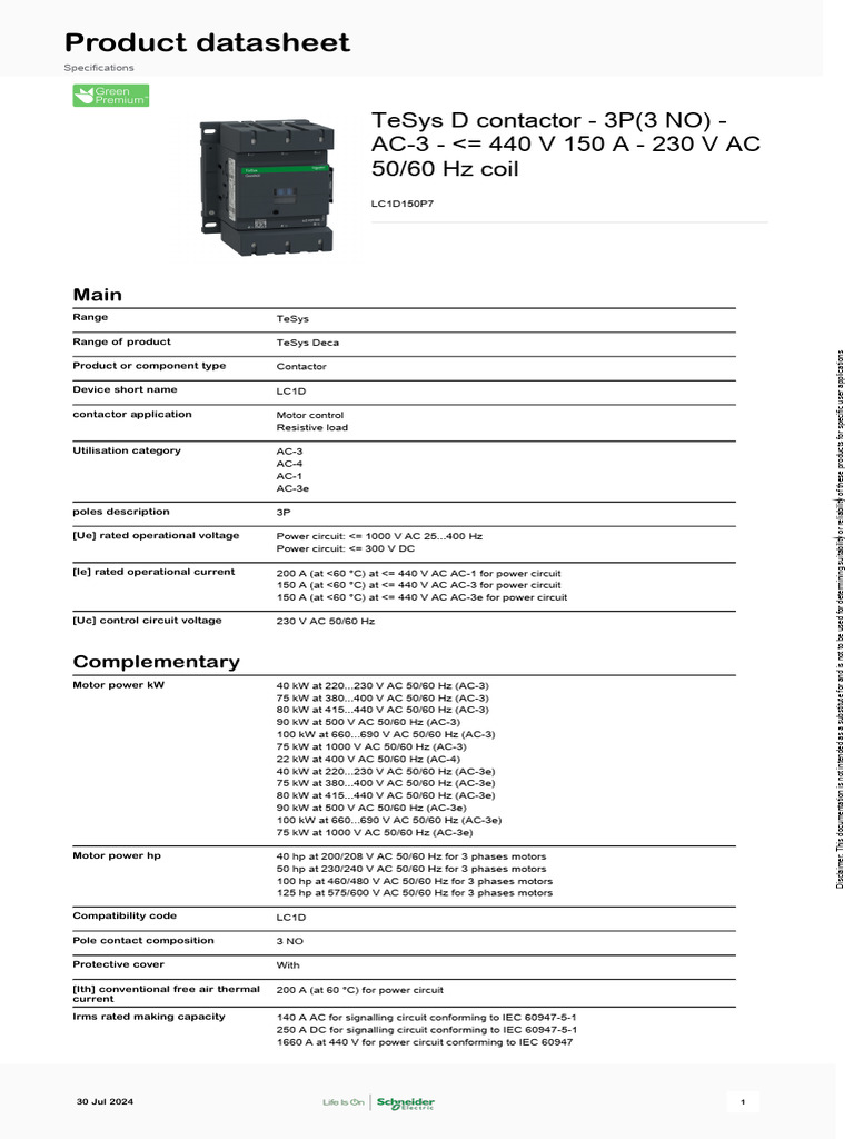 TeSys D 3P Contactor LC1D150P7 Specs | PDF | Sustainability