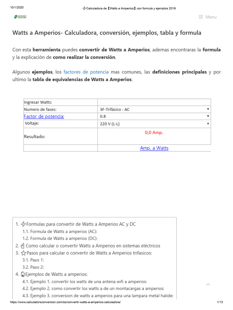 ⚡Calculadora de【Watts a Amperios】con formula y ejemplos 2019 | PDF ...