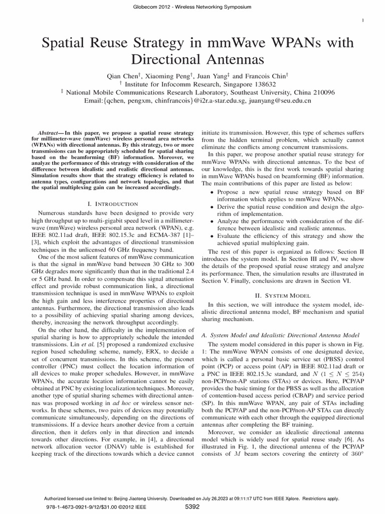 Spatial Reuse Strategy in MmWave WPANs With Directional Antennas | PDF ...
