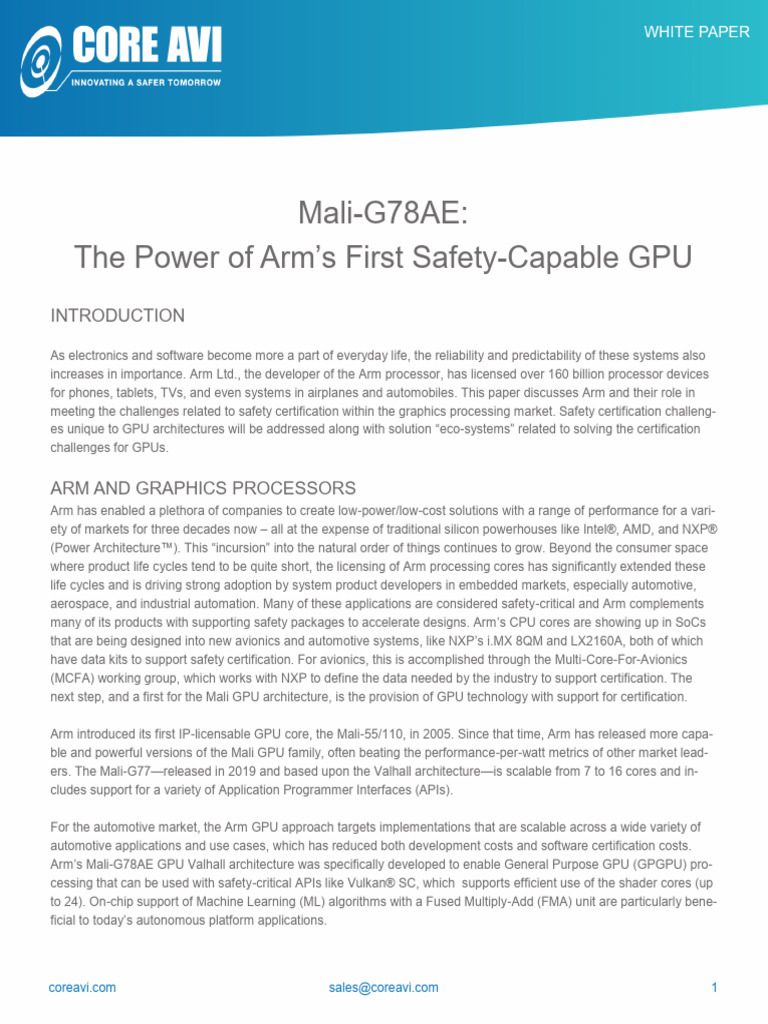 CoreAVI White Paper Mali - G78AE The Power of Arms First Safety Capable GPU | PDF | Graphics ...