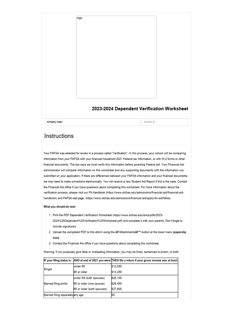 2023-24 Dependent Verification Worksheet - Draft | PDF | Internal ...