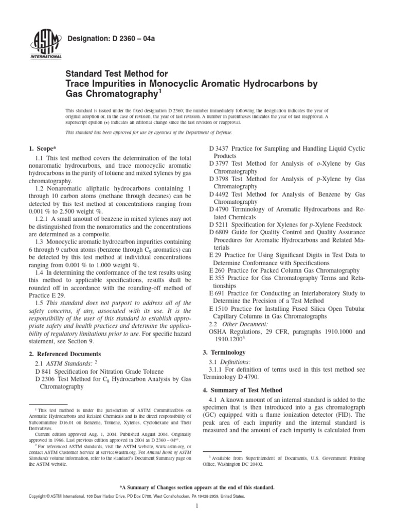 ASTM D 2360-04a | PDF | Gas Chromatography | Chromatography