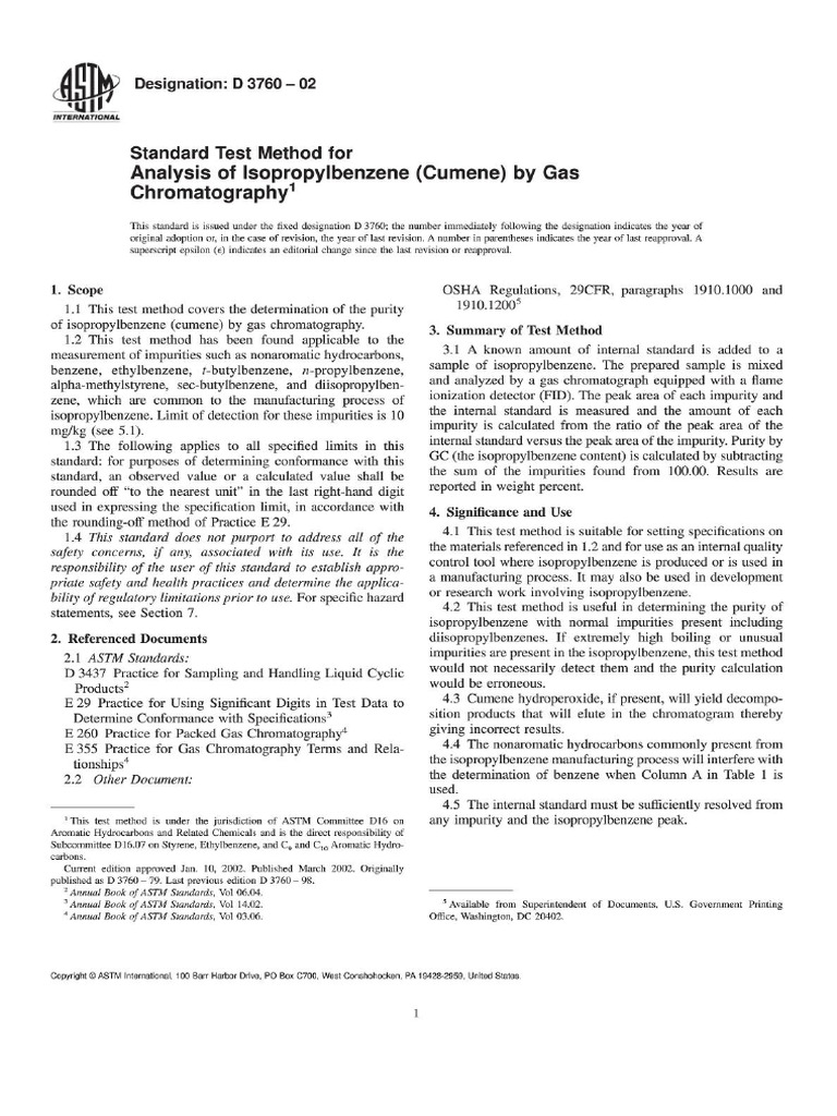 ASTM D 3760-02异丙苯StandardTestMethodforAnalysisofIsopropylbenzene ...
