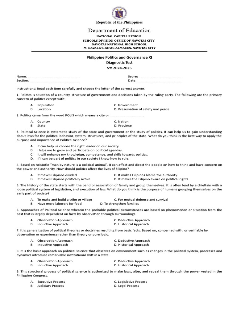 Philippine Politics and Governance Diagnostic Test | PDF | Power ...
