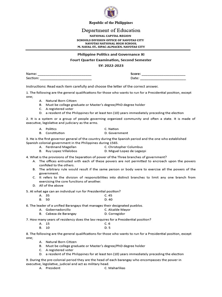 Philippine Politics and Governance Exam | PDF | President Of The ...