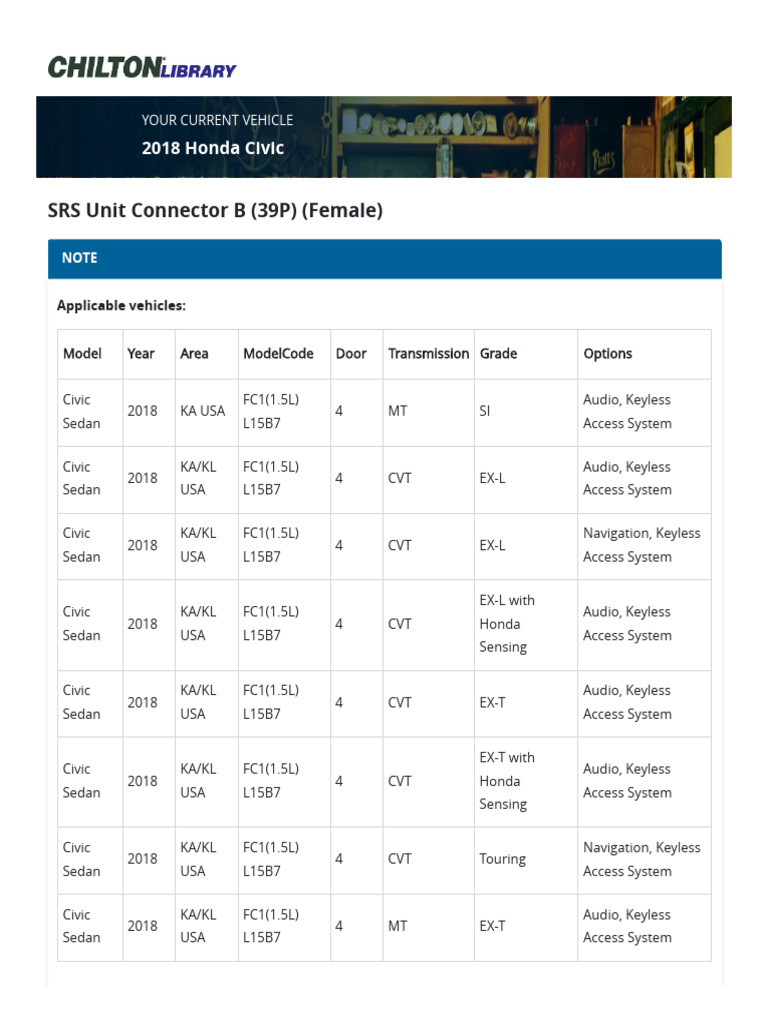 2018 Honda Civic SRS Unit Connector B | PDF | Car Manufacturers | Car ...