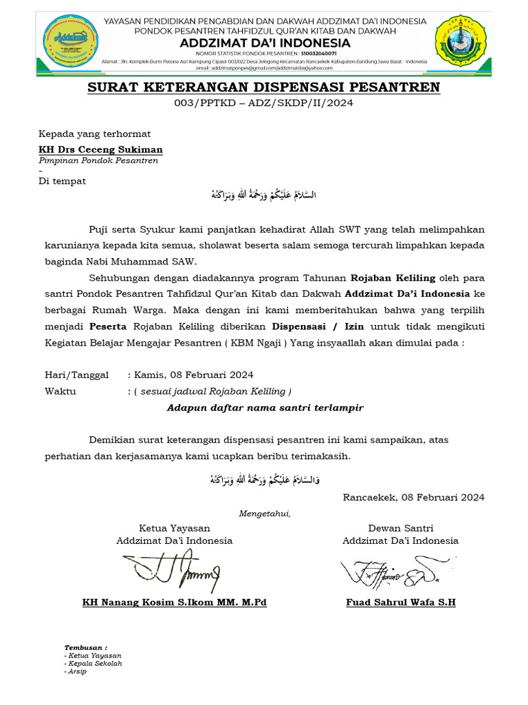 003.surat Keterangan Dispensasi Pesantren | PDF